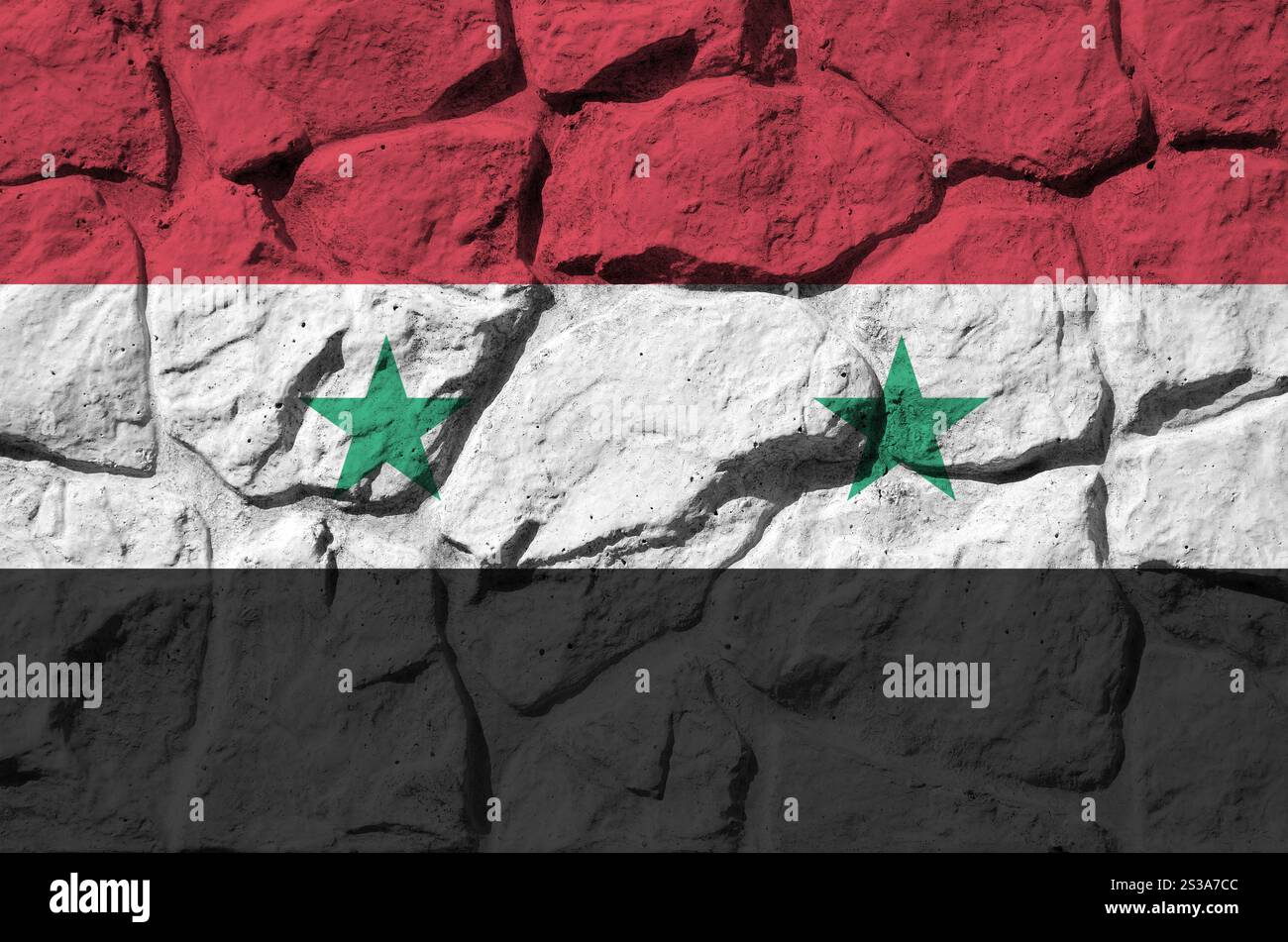 Syria flag depicted in paint colors on old stone wall close up ...
