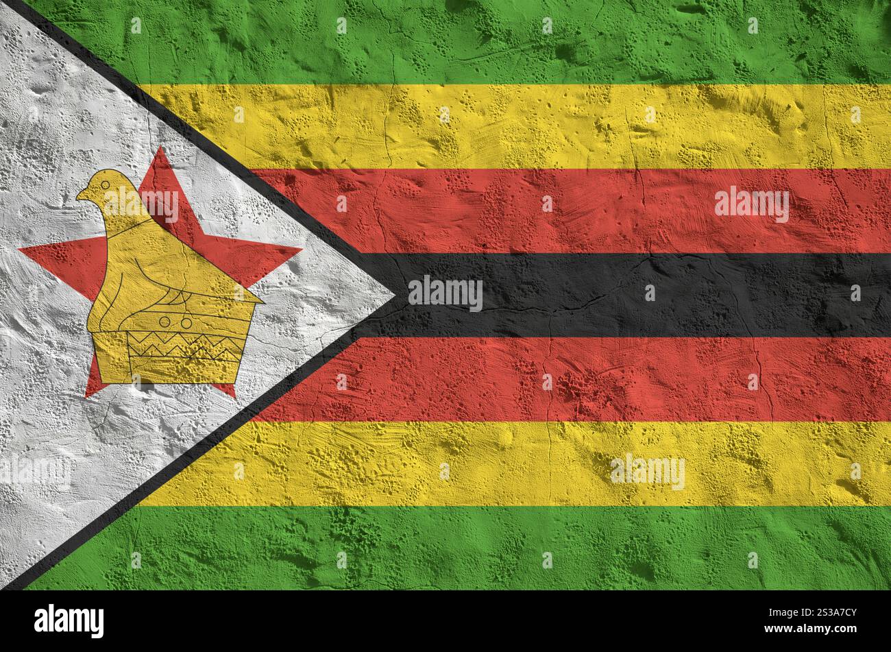 Zimbabwe flag depicted in bright paint colors on old relief plastering ...