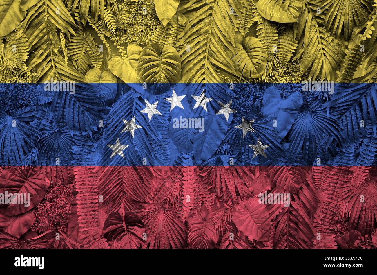 Venezuela flag depicted on many leafs of monstera palm trees. Trendy ...