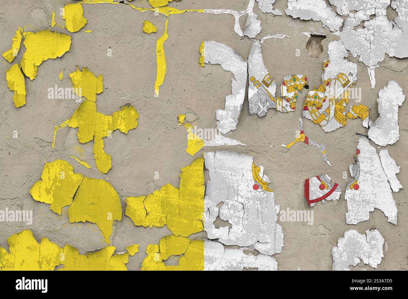 Vatican City State flag depicted in paint colors on old obsolete messy ...