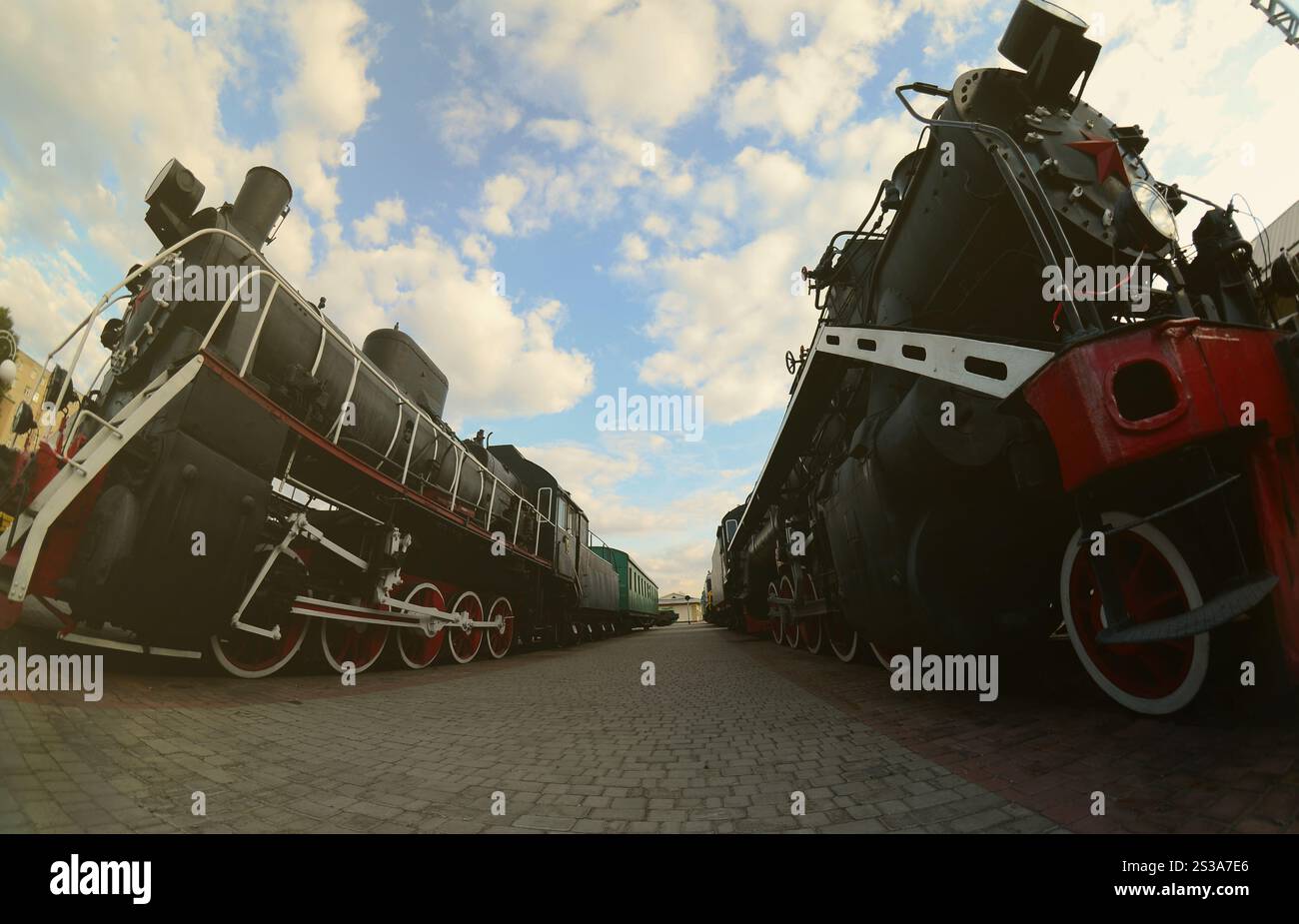 Photo of old black steam locomotives of the Soviet Union. Strong ...