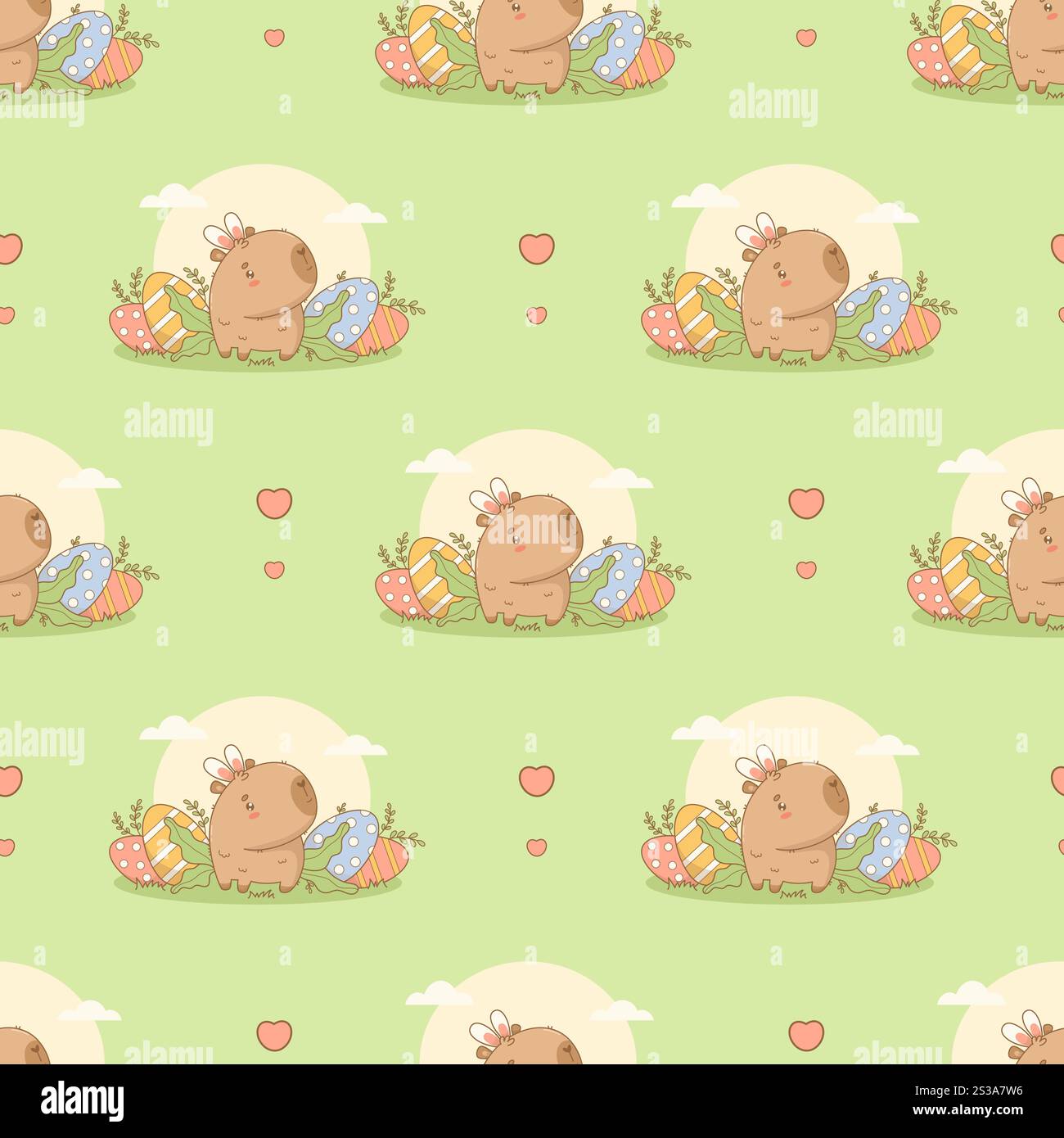 Easter Seamless pattern. Cute Capybara with decorative paschal Eggs on ...