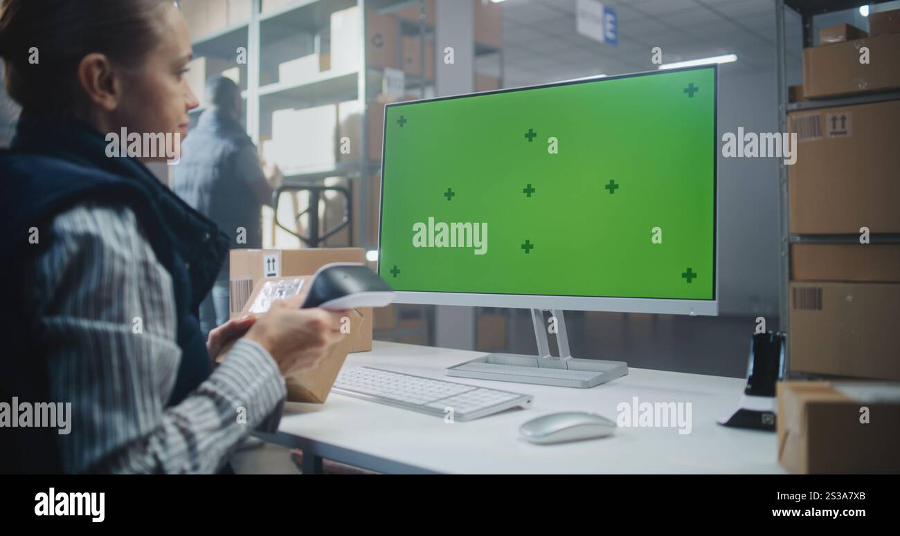 Female Warehouse Associate Scans Code on Cardboard Box with Scanner, Checks Parcel Information ...