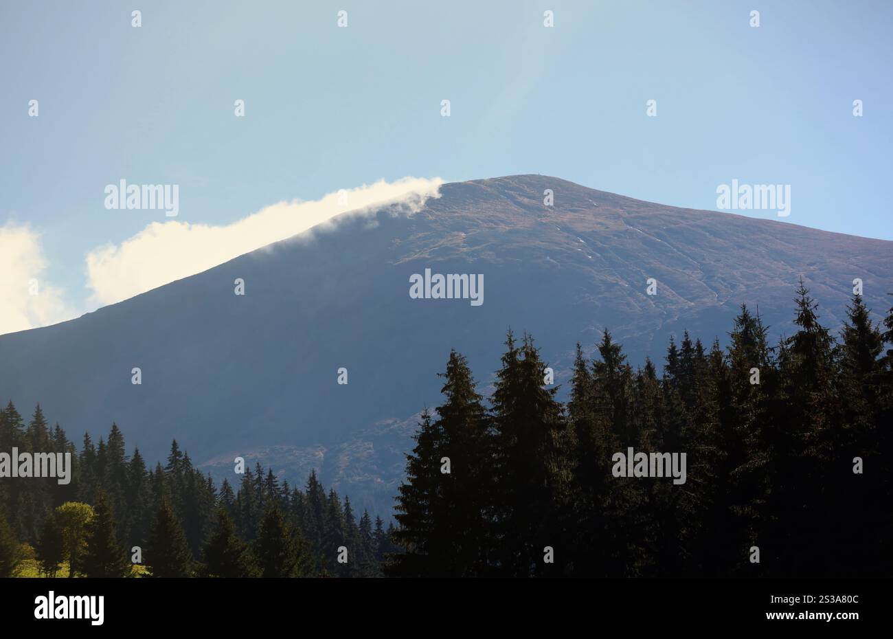Landscape with Mount Hoverla hanging peak of the Ukrainian Carpathians ...
