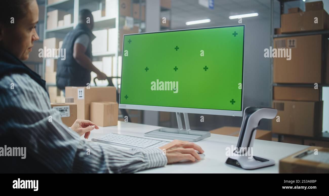 Female Warehouse Associate Scans Code on Cardboard Box with Scanner ...