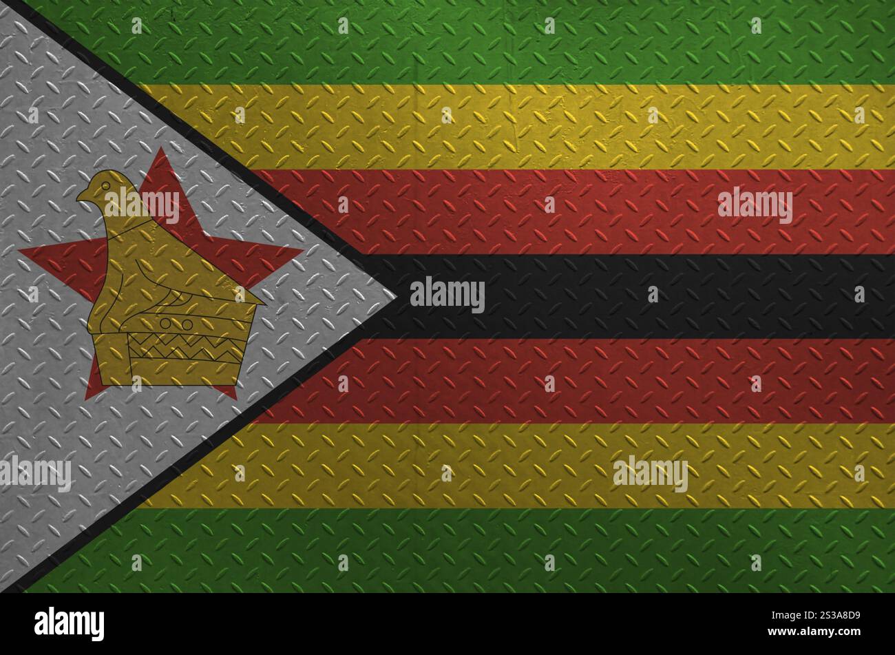 Zimbabwe flag depicted in paint colors on old brushed metal plate or ...