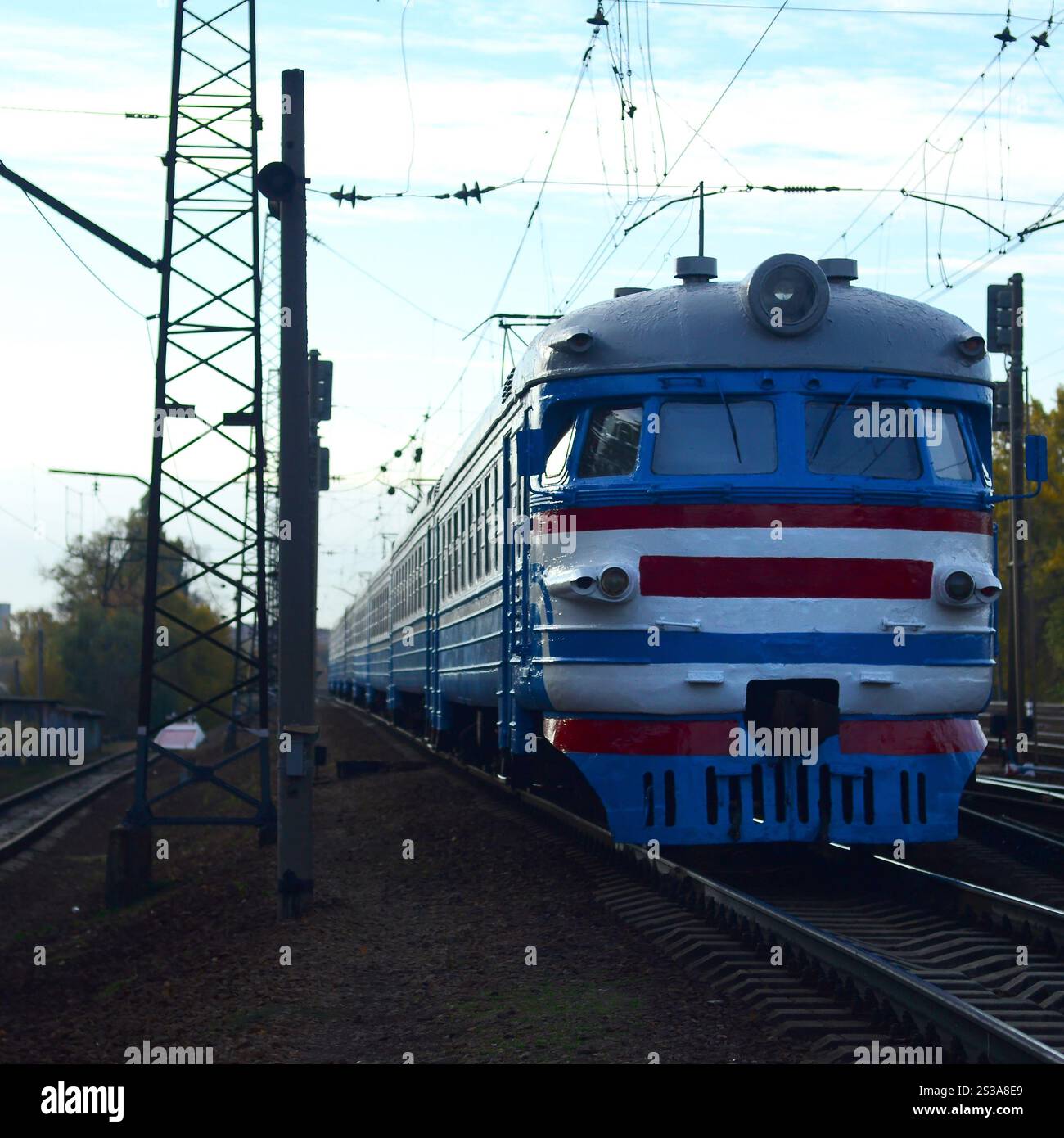 Suburban electric train. Old soviet electric train with outdated design ...