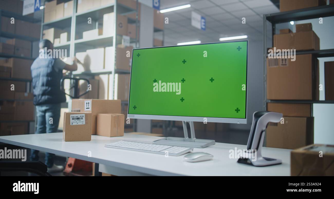 Postal Delivery Service: Computer Screen with Green Screen Chroma Key. Sorting Center Employee ...