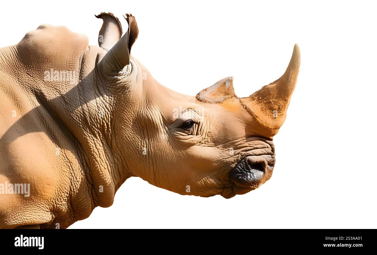 A close-up portrait of a white rhinoceros, showcasing its distinctive ...