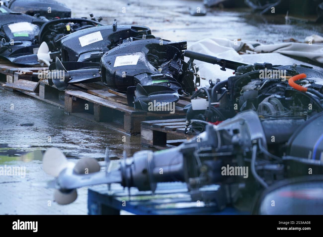 A view of confiscated outboard motors used to cross the Channel from ...