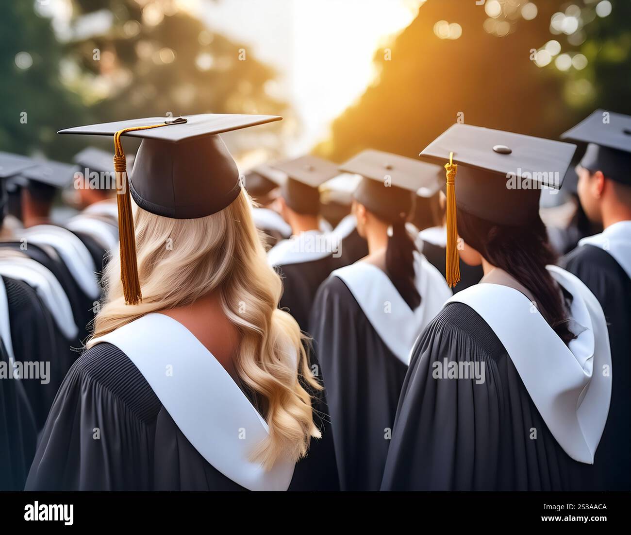 A close-up shot of a graduation ceremony with graduates in caps and ...