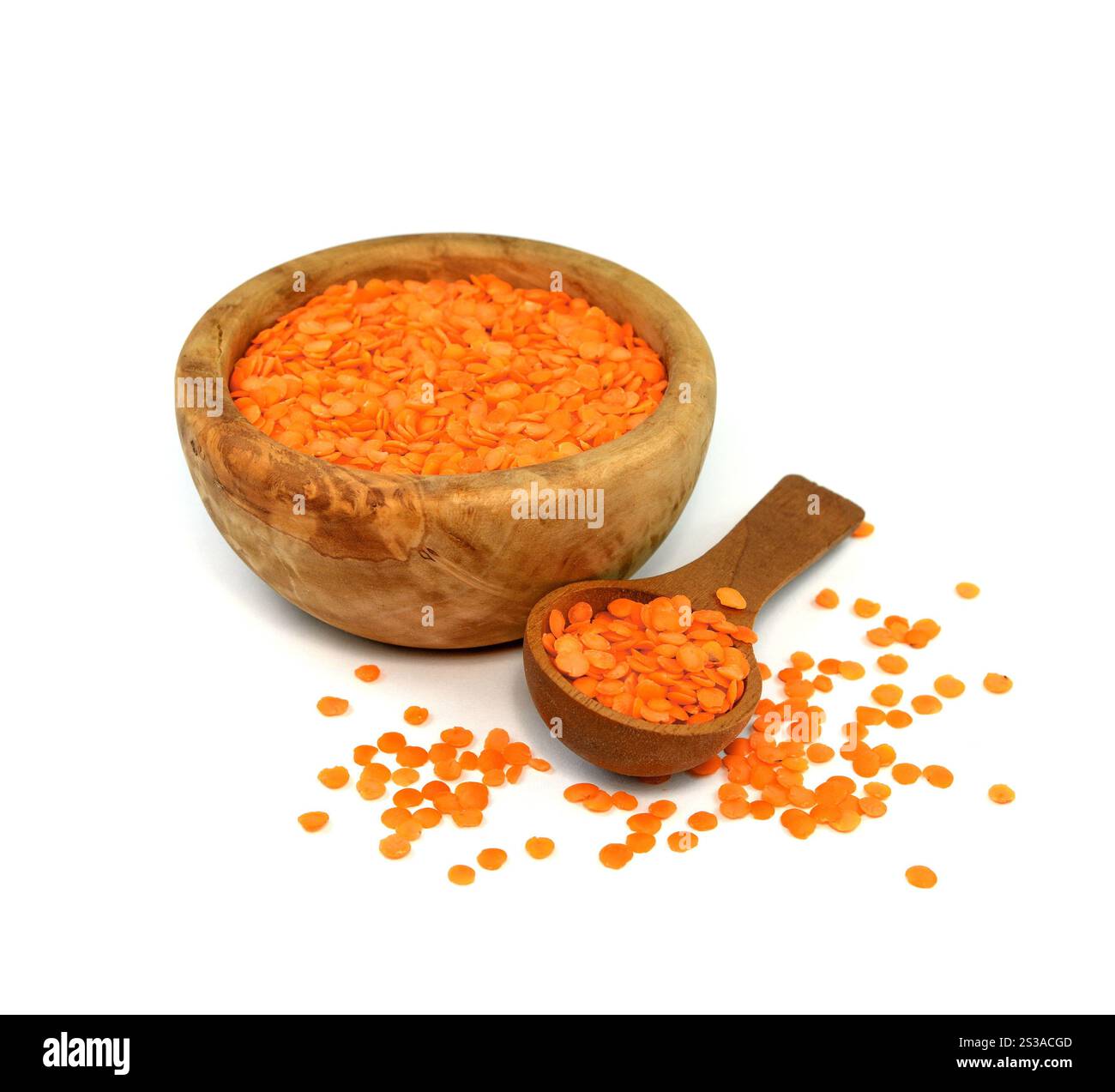 Red lentils in a wooden bowl isolated on white background. Red lentils ...