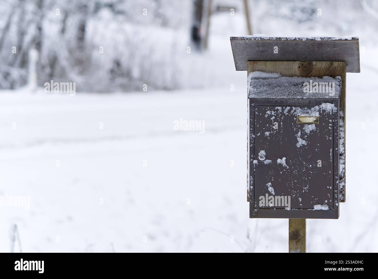 Elegant Dark Brown Wooden Mailbox on Snowy Roadside in Winter ...