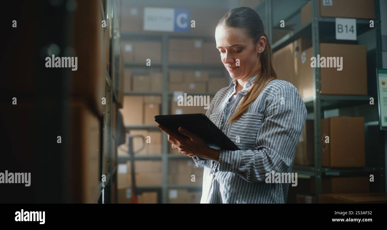 Female Inventory Manager Scans Parcel with E-Commerce Online Orders on ...