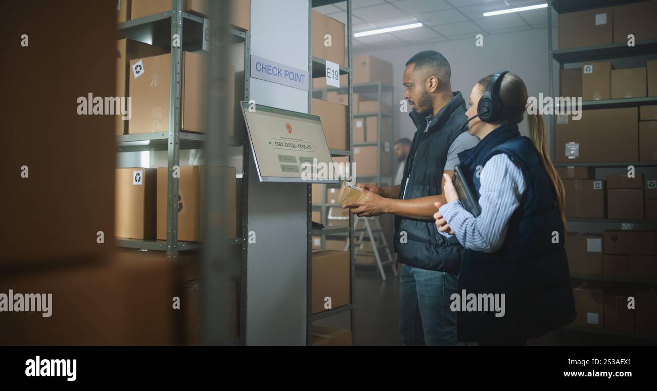 Warehouse Facility: Female Logistics Manager in Headset Uses Tablet ...