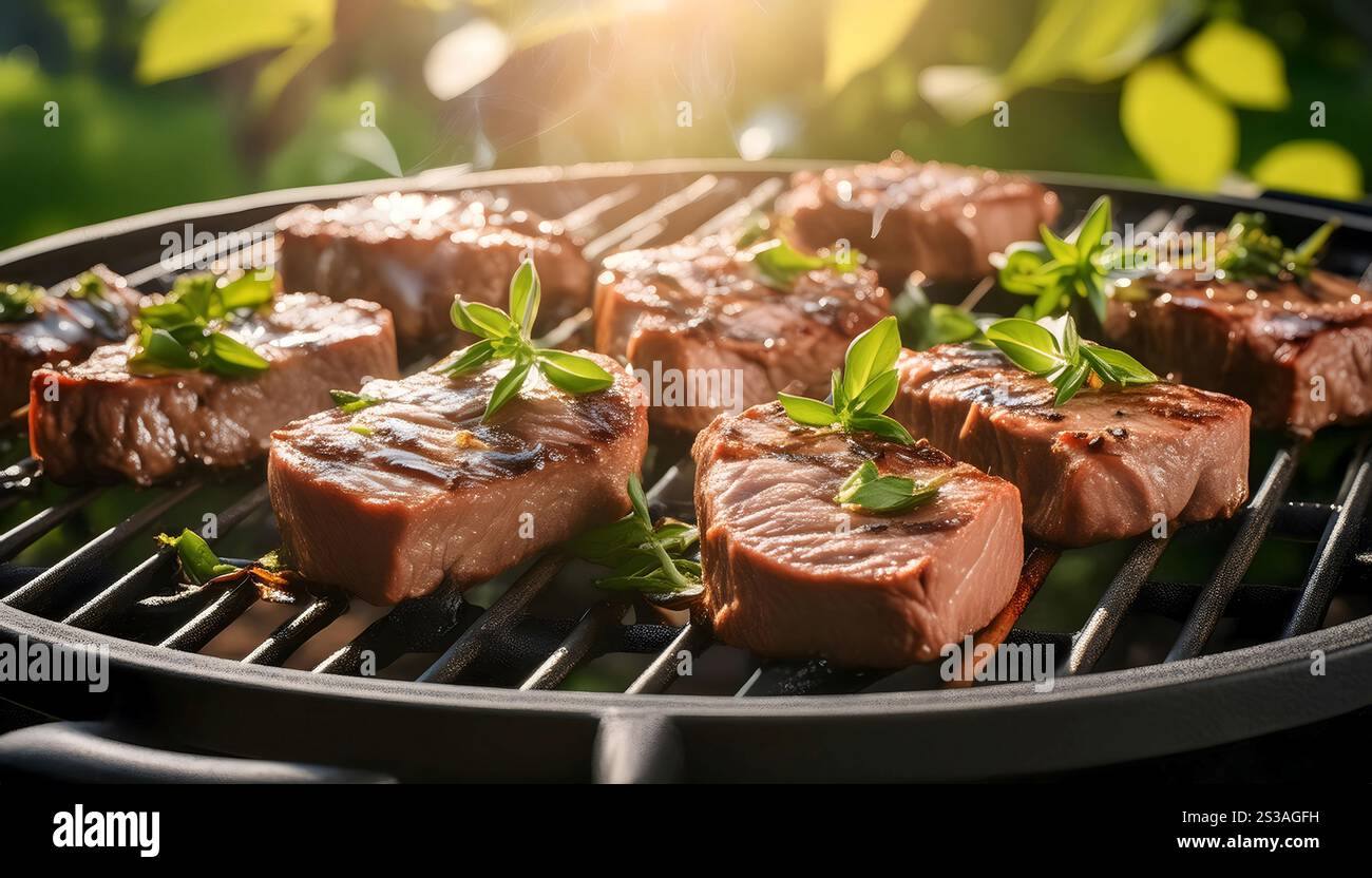 A detailed view of a grill with meat sizzling over the flames, cooking ...