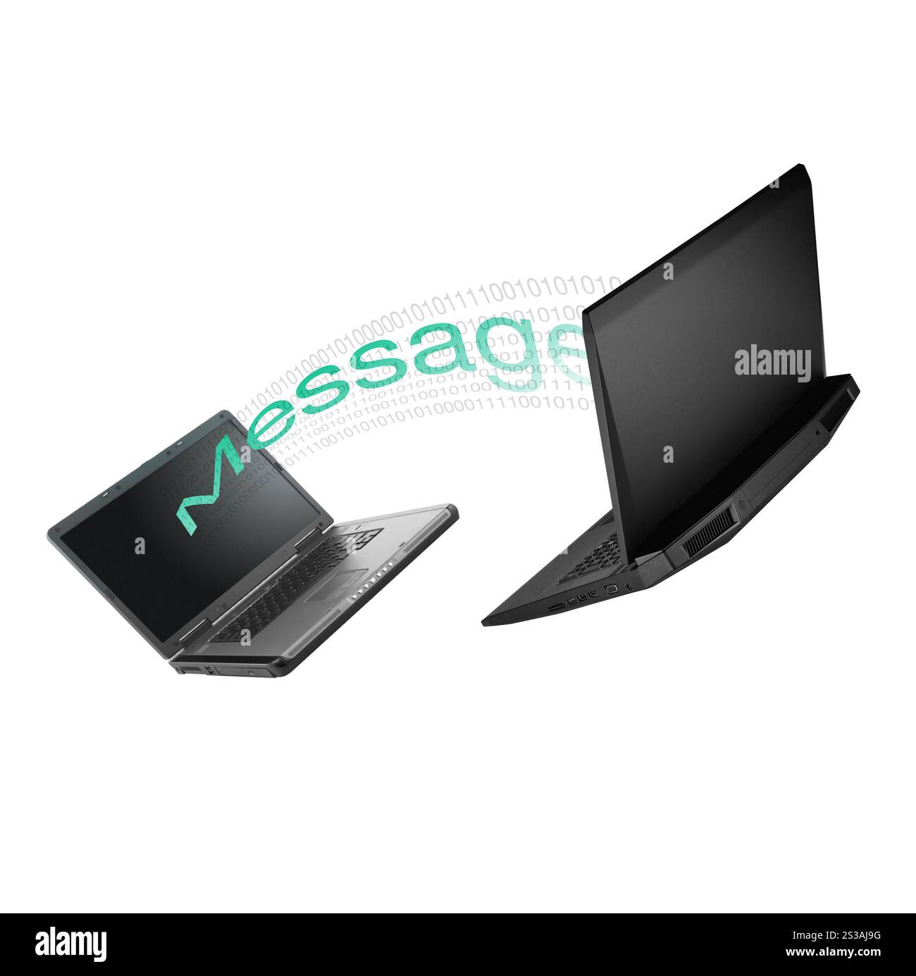 two laptops sending messages to each other isolated on white background ...
