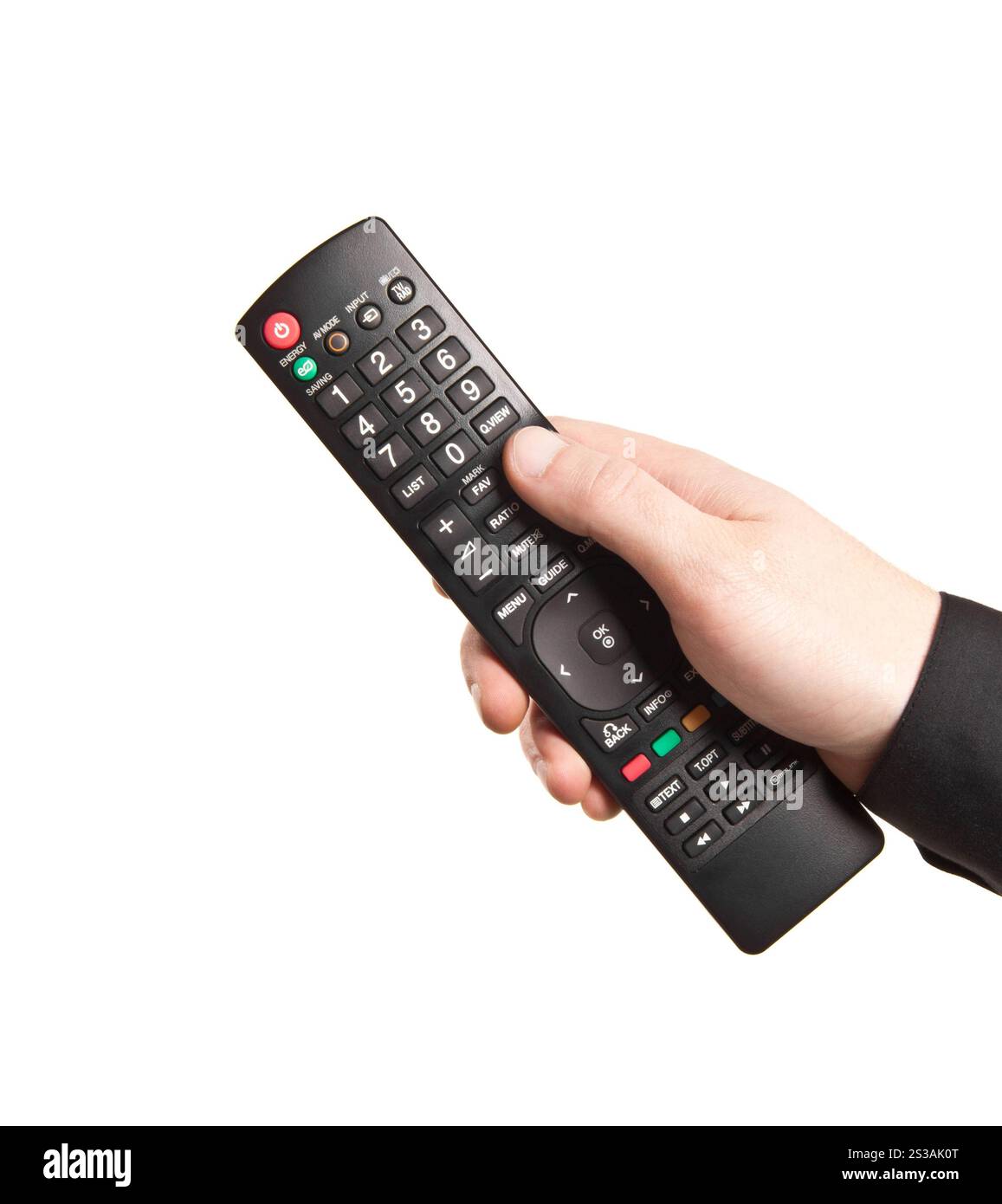Hand with TV remote control isolated on white background. Hand with TV ...