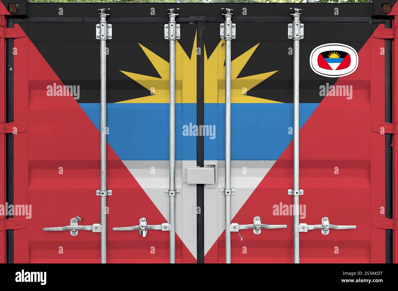 Antigua and Barbuda flag depicted on metal doors of shipping cargo ...