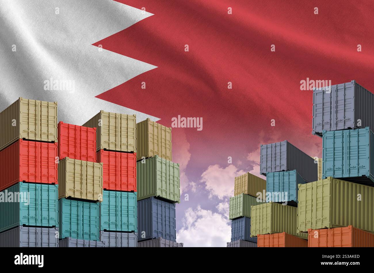 Bahrain flag and big stack of shipping cargo containers in docks with ...