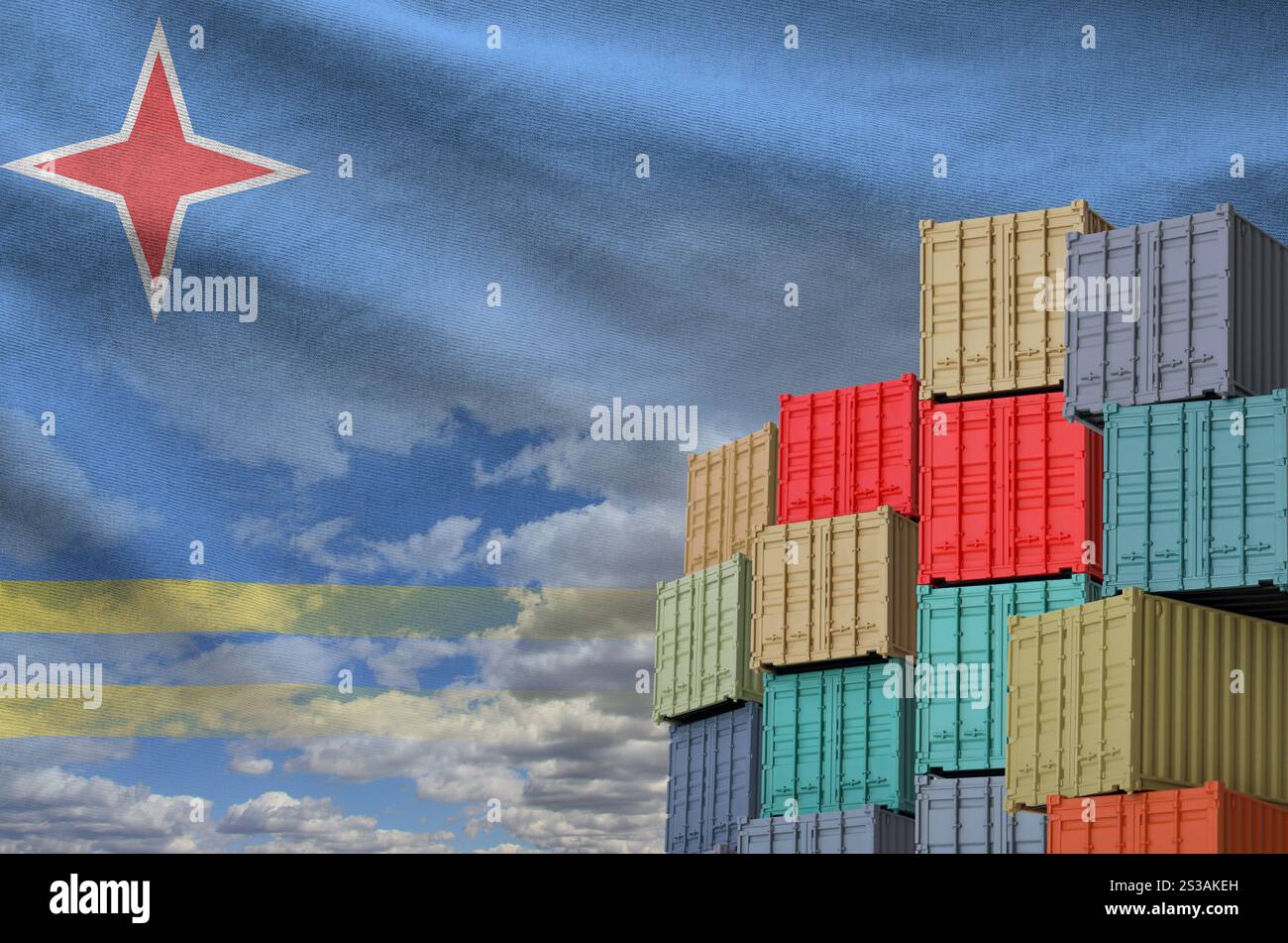 Aruba flag and big stack of shipping cargo containers in docks with sky ...
