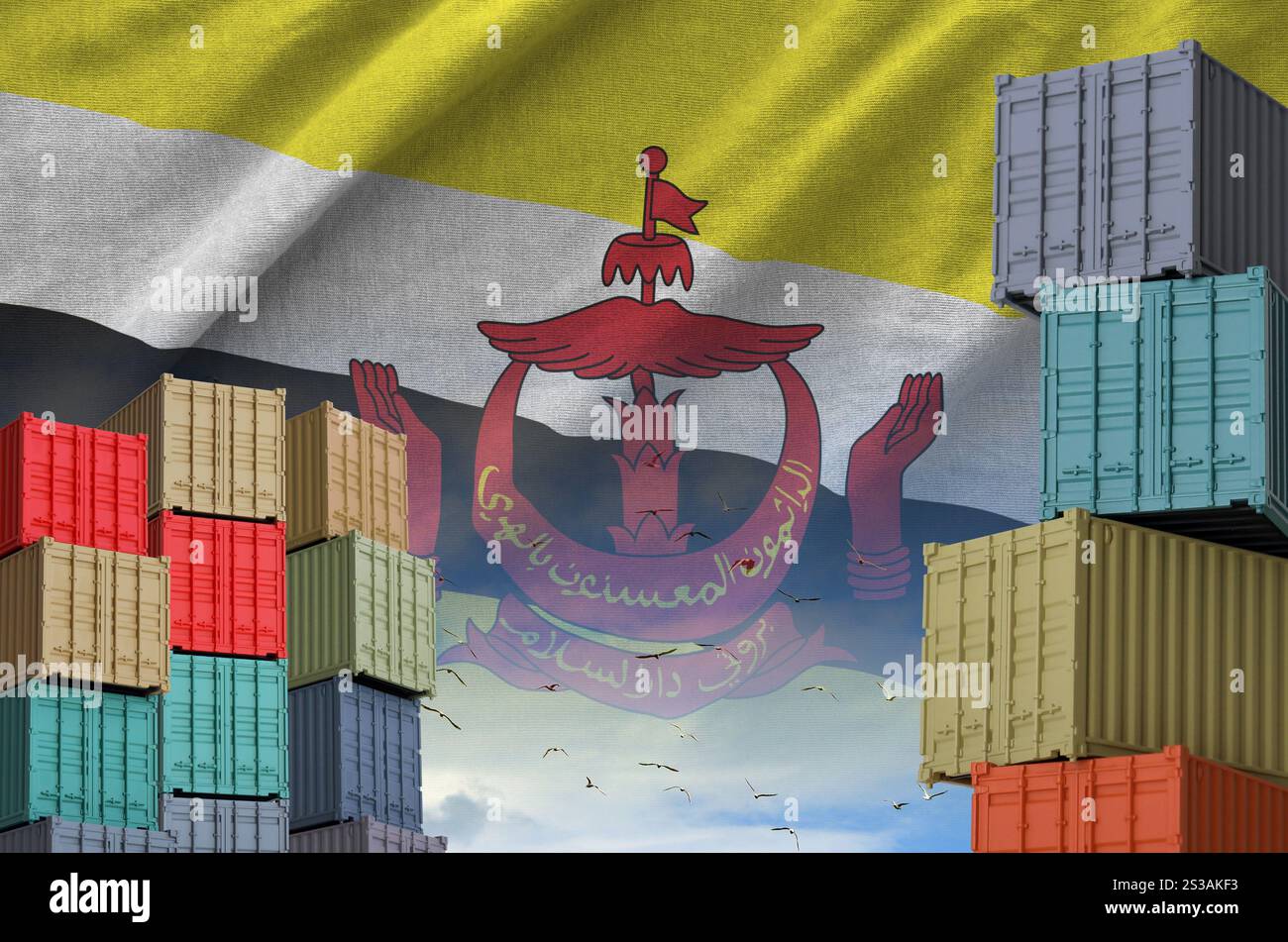 Brunei Darussalam flag and big stack of shipping cargo containers in ...