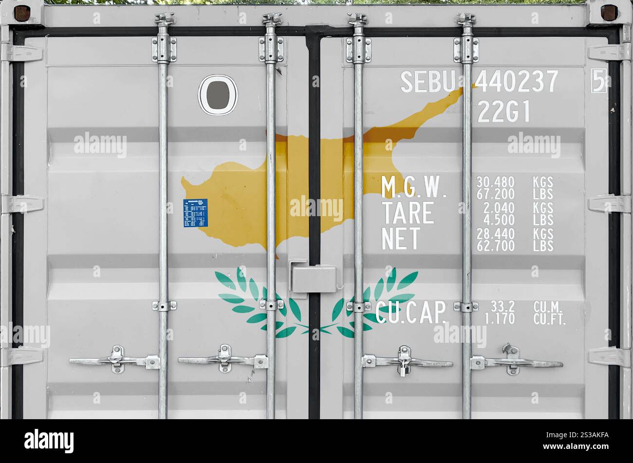 Cyprus flag depicted on metal doors of shipping cargo container ...