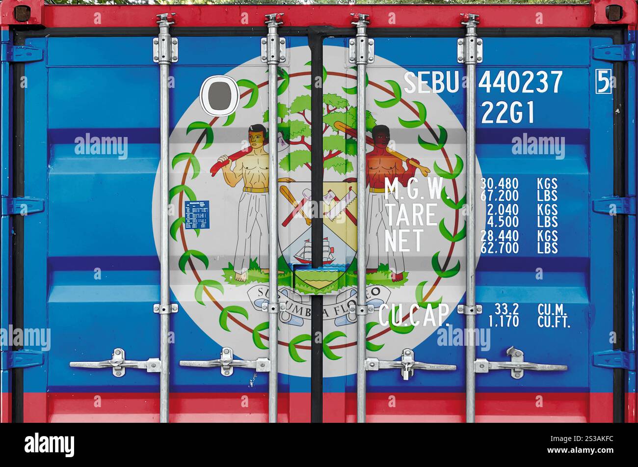 Belize flag depicted on metal doors of shipping cargo container ...