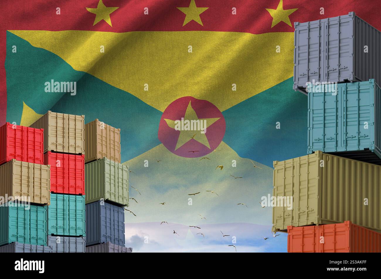 Grenada flag and big stack of shipping cargo containers in docks with ...