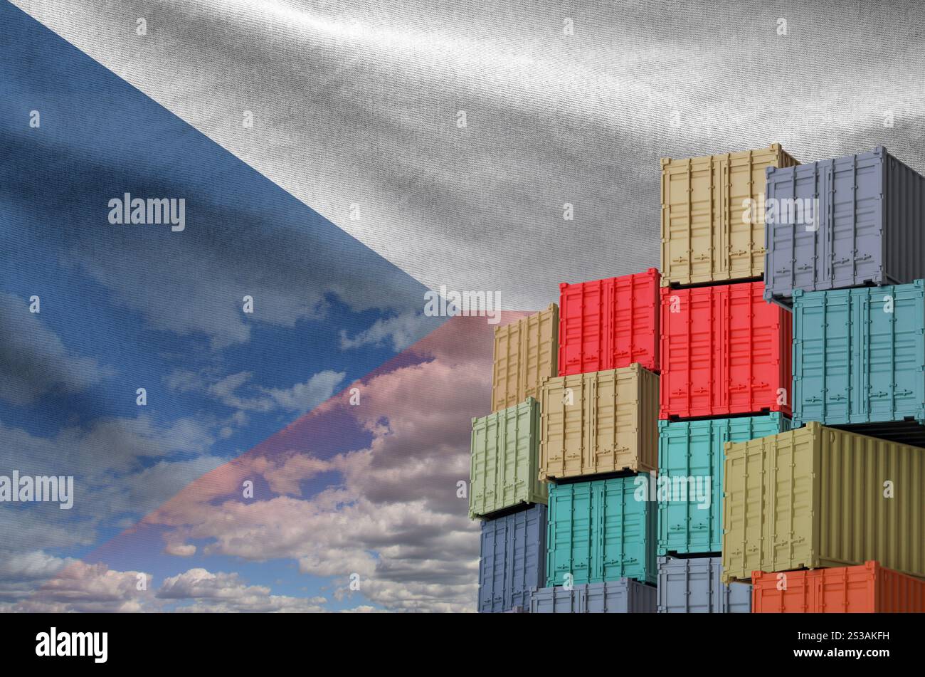 Czech flag and big stack of shipping cargo containers in docks with sky ...