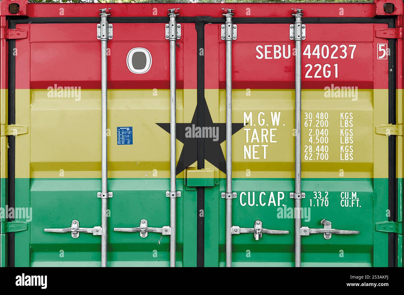 Ghana flag depicted on metal doors of shipping cargo container outdoors ...