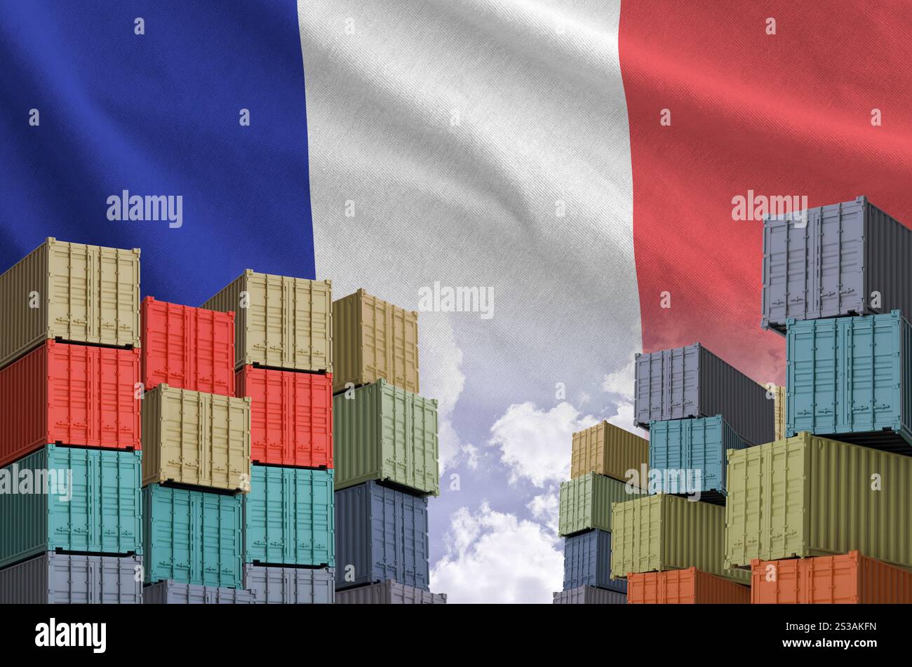 France flag and big stack of shipping cargo containers in docks with ...
