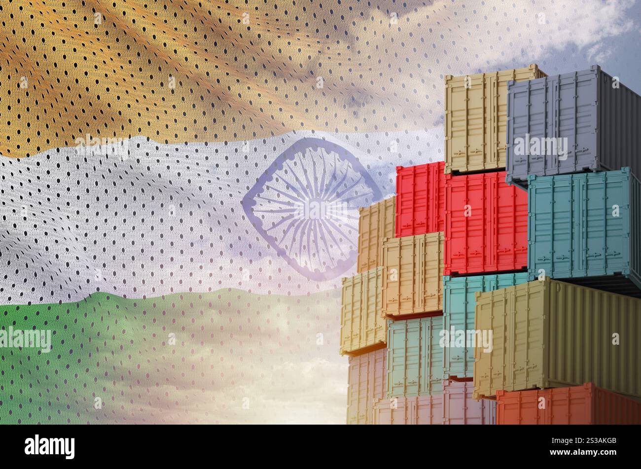 India flag and big stack of shipping cargo containers in docks with sky ...