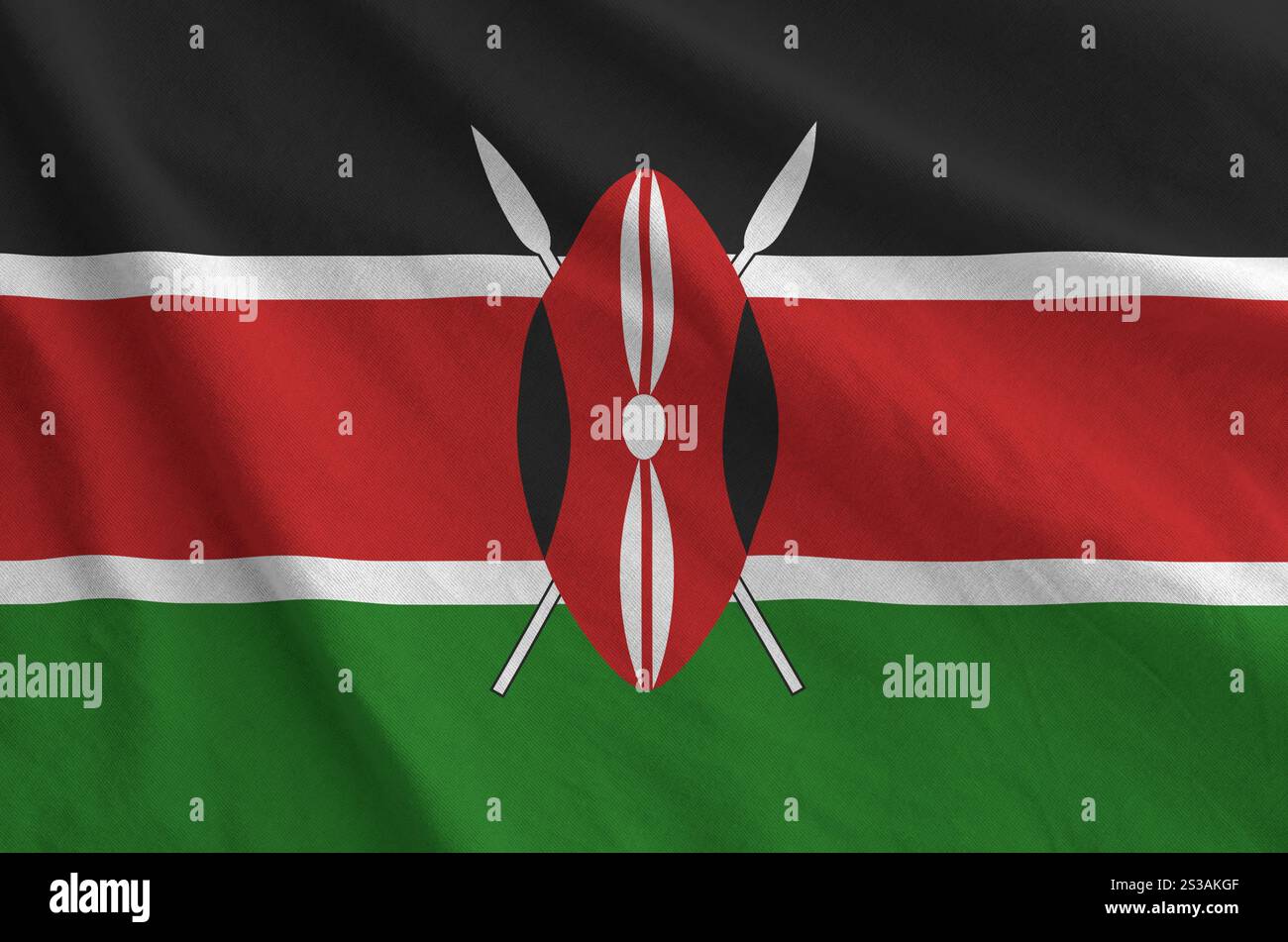 Kenya flag depicted on folded wavy fabric of old cloth close up. Kenya ...