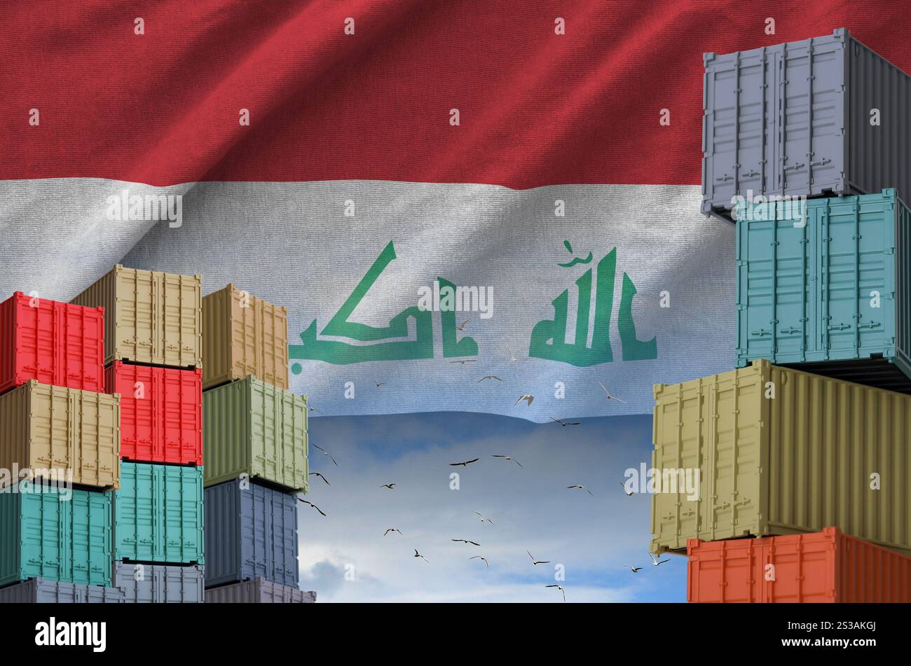 Iraq flag and big stack of shipping cargo containers in docks with sky ...
