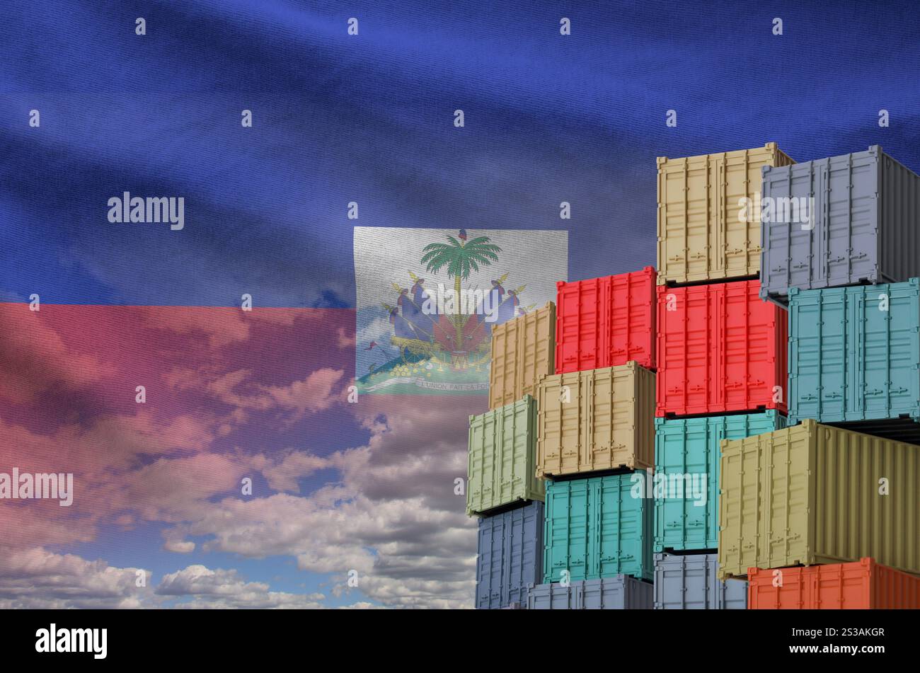 Haiti flag and big stack of shipping cargo containers in docks with sky ...