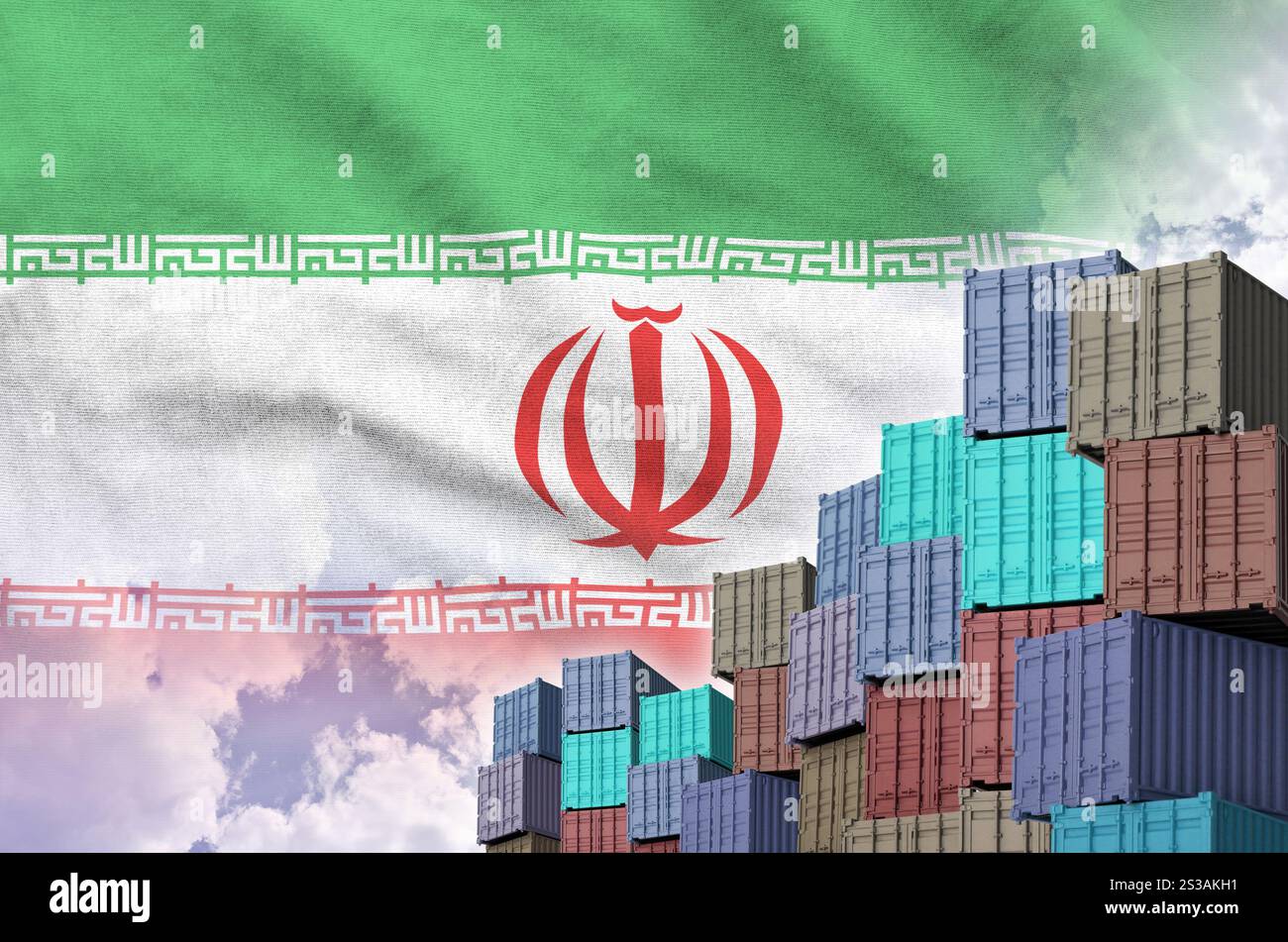Iran flag and big stack of shipping cargo containers in docks with sky ...