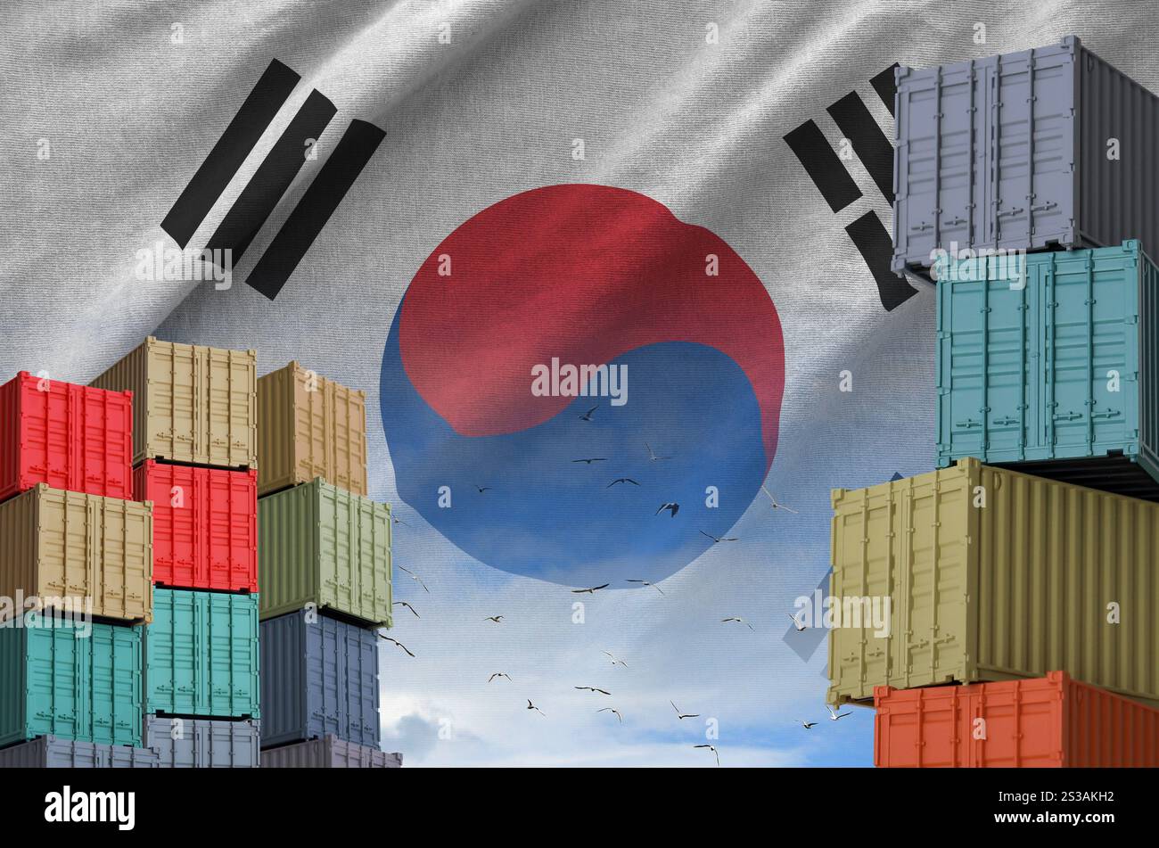 South Korea flag and big stack of shipping cargo containers in docks ...