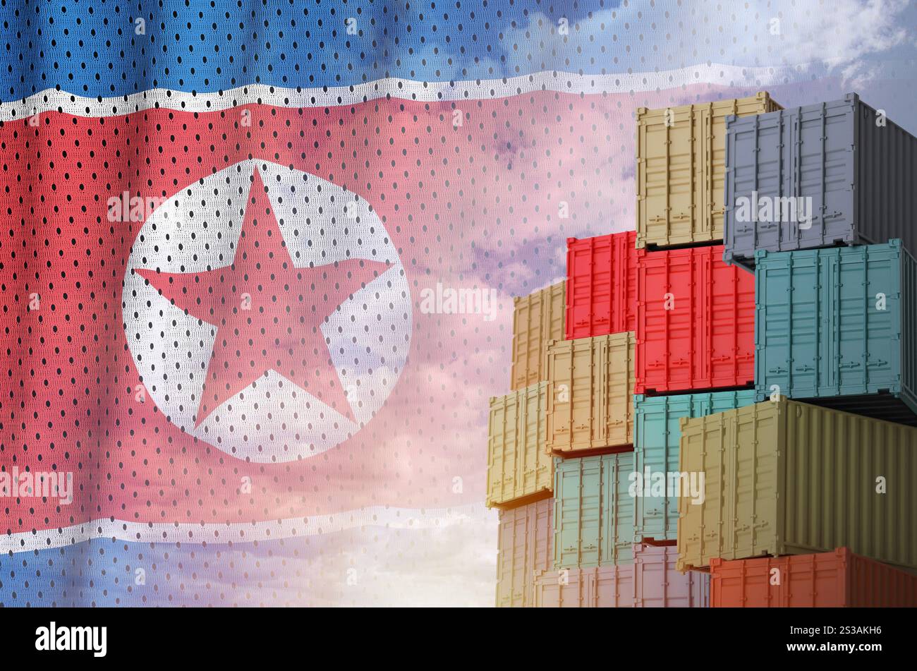 North Korea flag and big stack of shipping cargo containers in docks ...