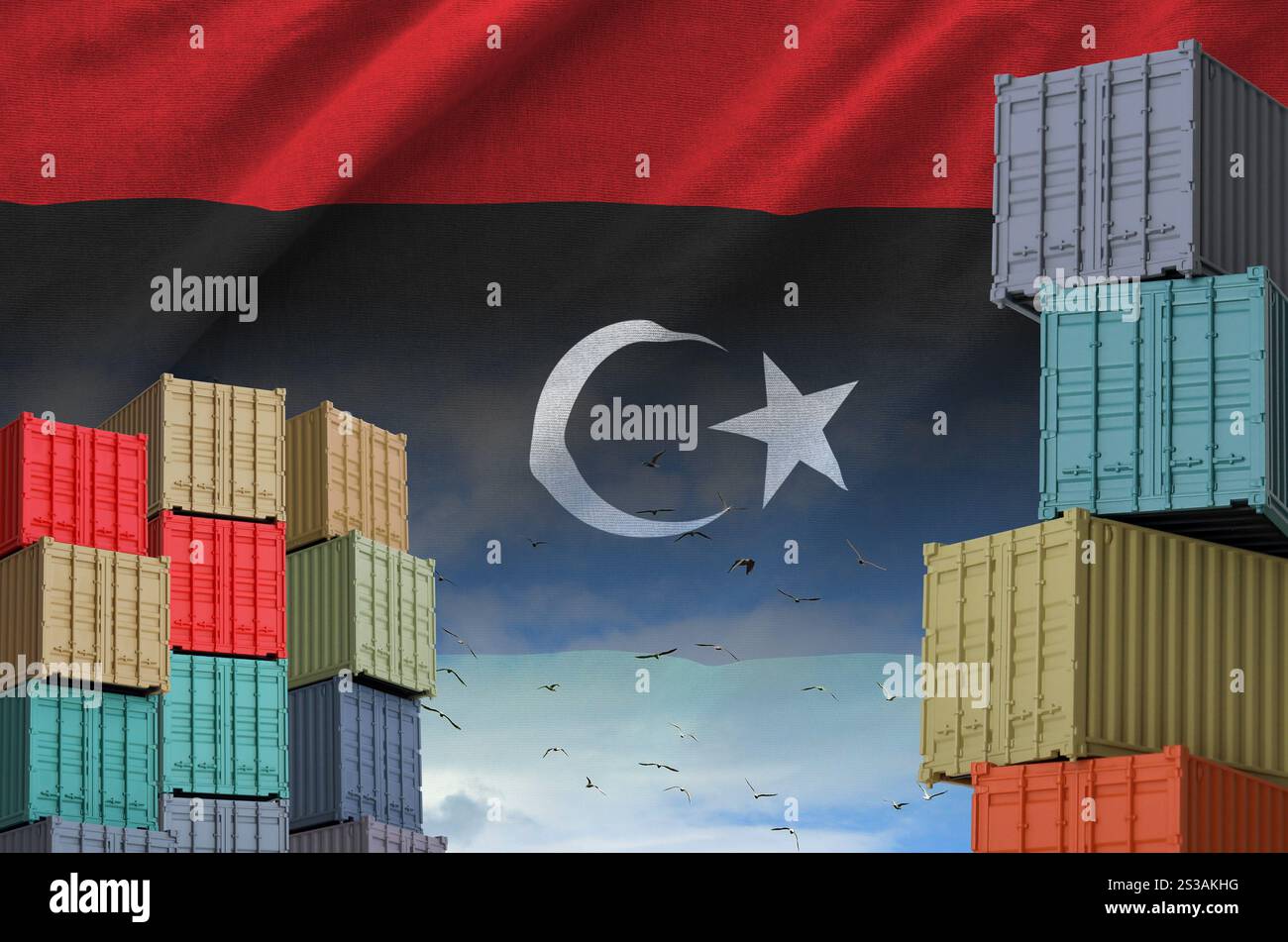 Libya flag and big stack of shipping cargo containers in docks with sky ...