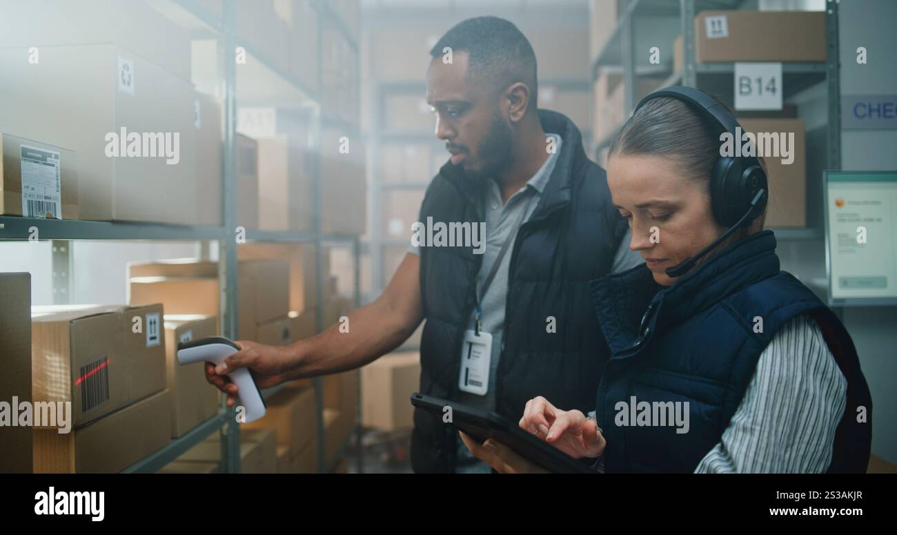 African American Employee Scans Parcels with E-Commerce Goods with Scanner. Female Warehouse ...