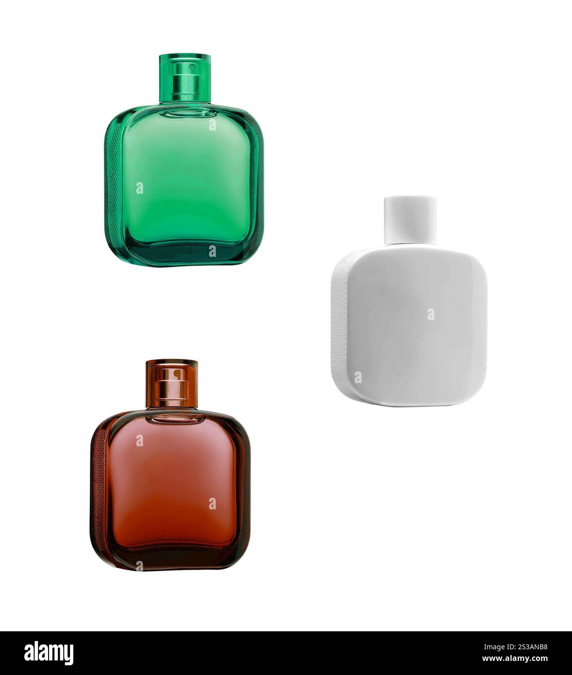 three perfume bottles with reflections isolated on white background ...