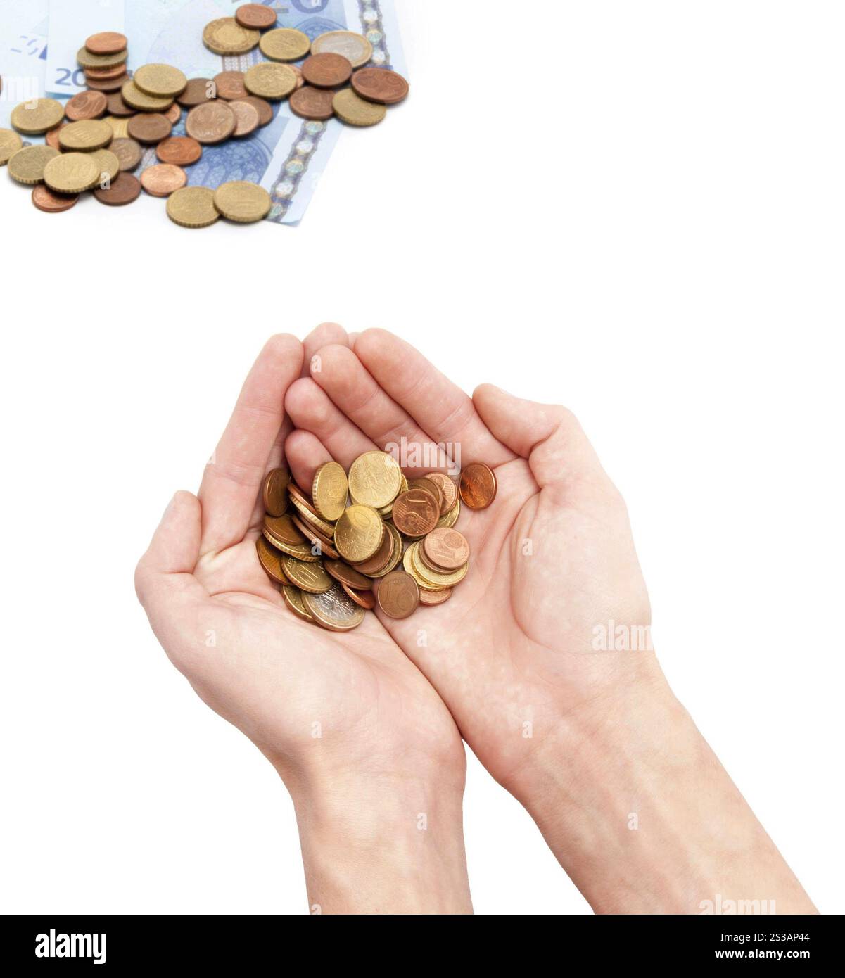 Male hands holding coins isolated on white background. Male hands ...