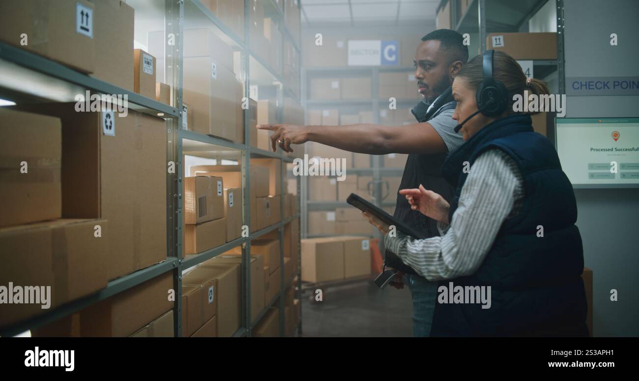 African American Employee Scans Parcels with E-Commerce Goods with Scanner. Female Warehouse ...