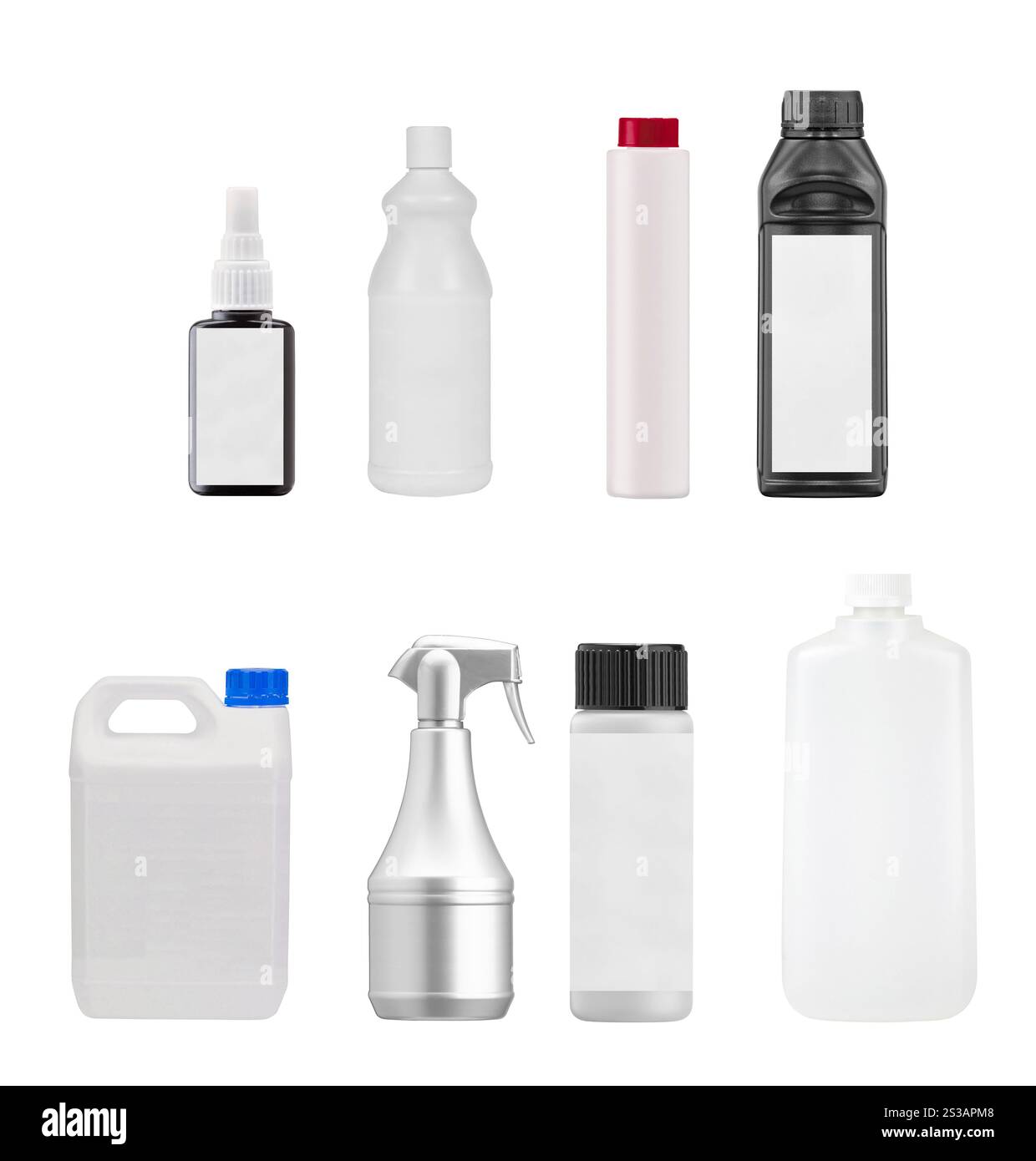 White plastic containers with blue cap Stock Photo - Alamy