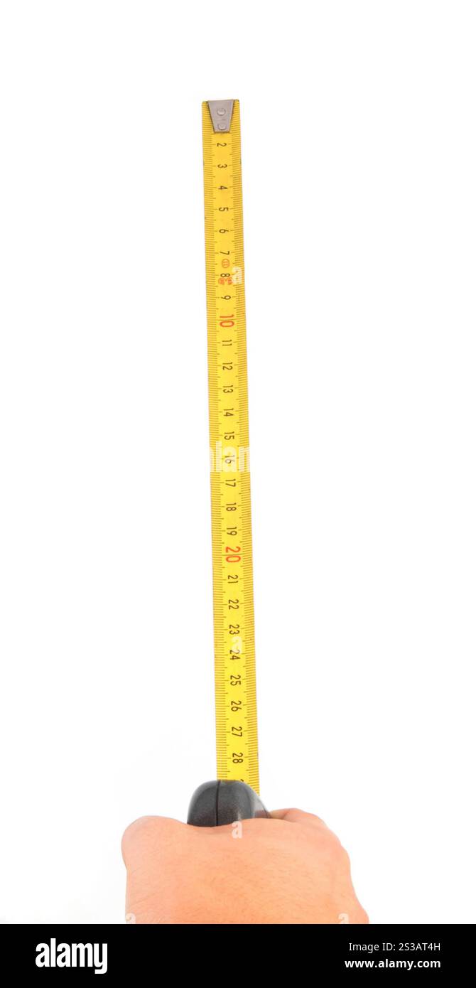 hand measuring by tape measure isolated on white background. hand ...