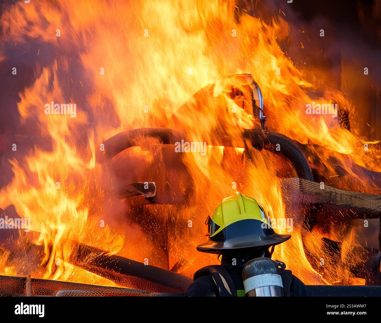 Close-up of vibrant flames and firefighting equipment, illustrating the ...