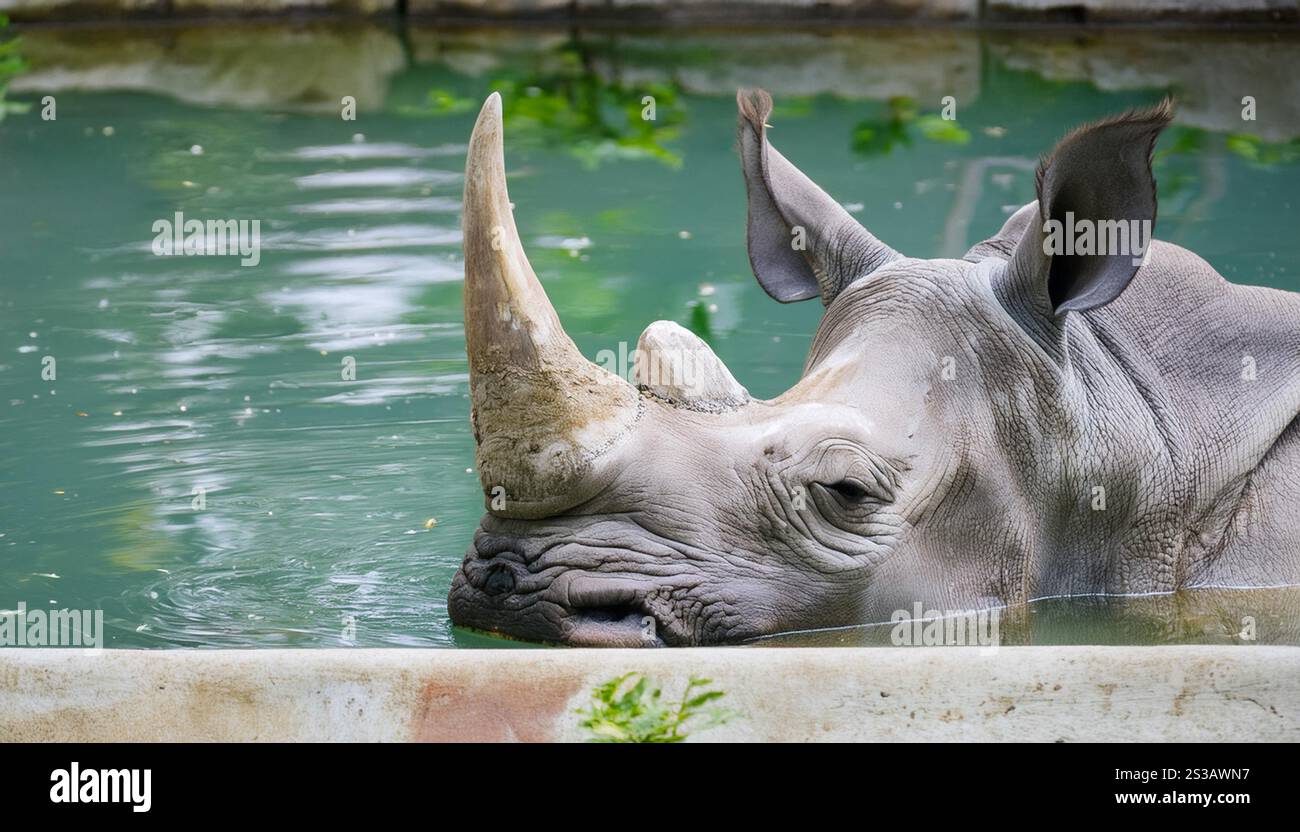 This image shows a large grey rhinoceros relaxing in a pool of water at ...