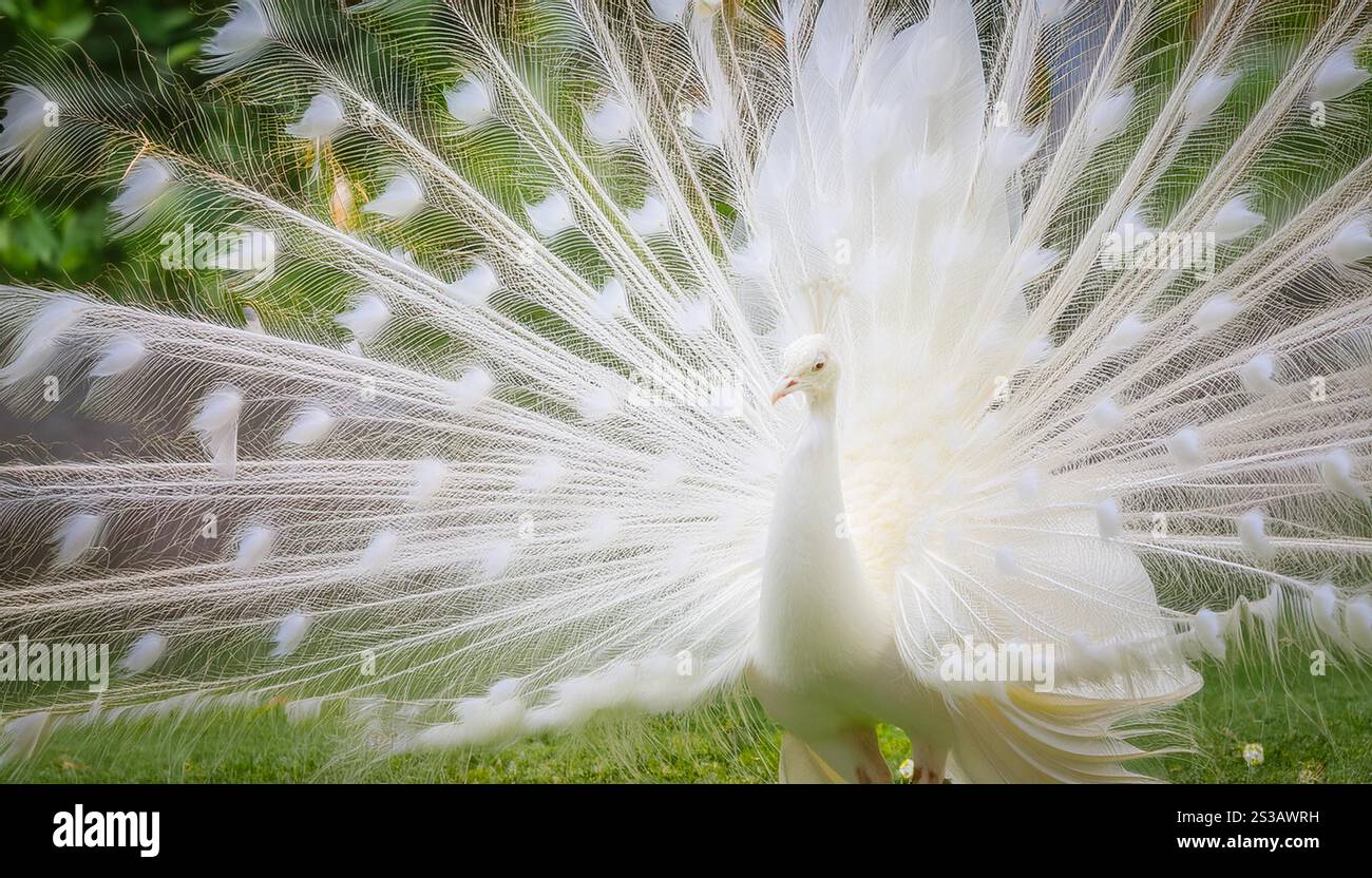A male peacock with its tail feathers spread out in full display ...