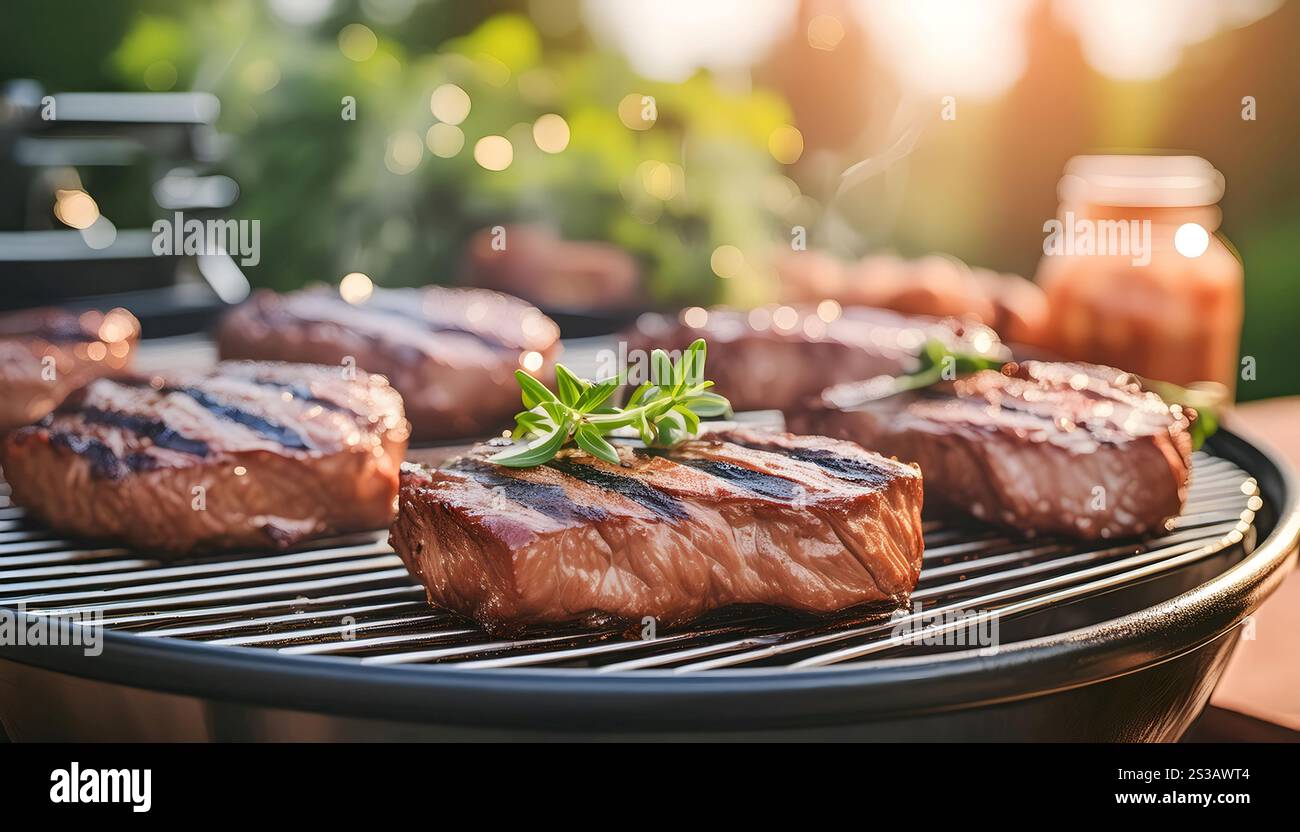 A detailed view of a grill with meat sizzling over the flames, cooking ...